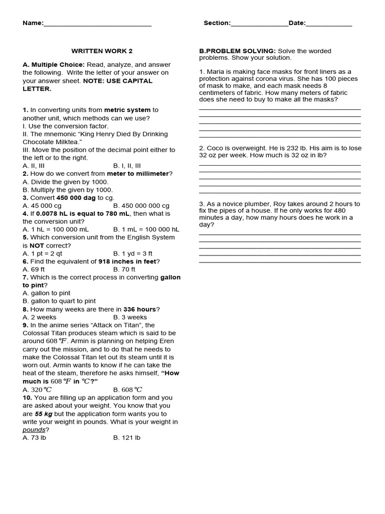 Written Work 2 | PDF | Gallon | Pint