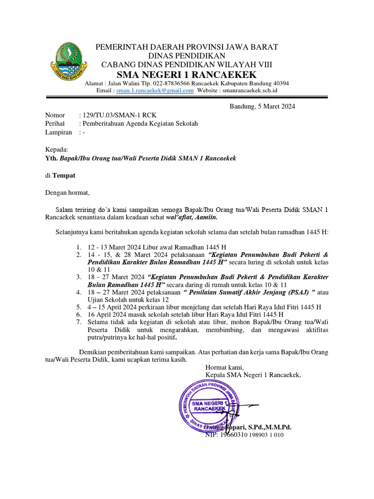 Surat Pemberitahuan Orang Tua Tentang Kegiatan Sekolah | PDF Surat Pemberitahuan Orang Tua Tentang Kegiatan Sekolah | PDF