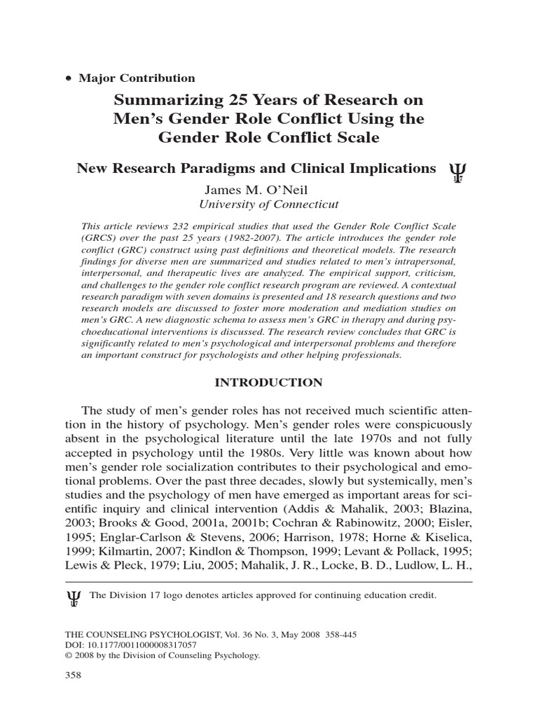 O Neil 2008 Summarizing 25 Years Of Research On Men S Gender Role Conflict Using The Gender Role