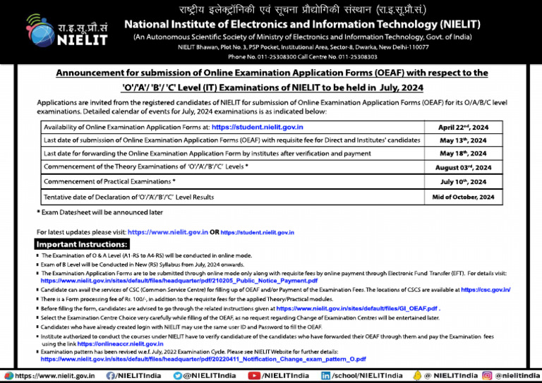 NIELIT July 2024 Exam Application Details | PDF