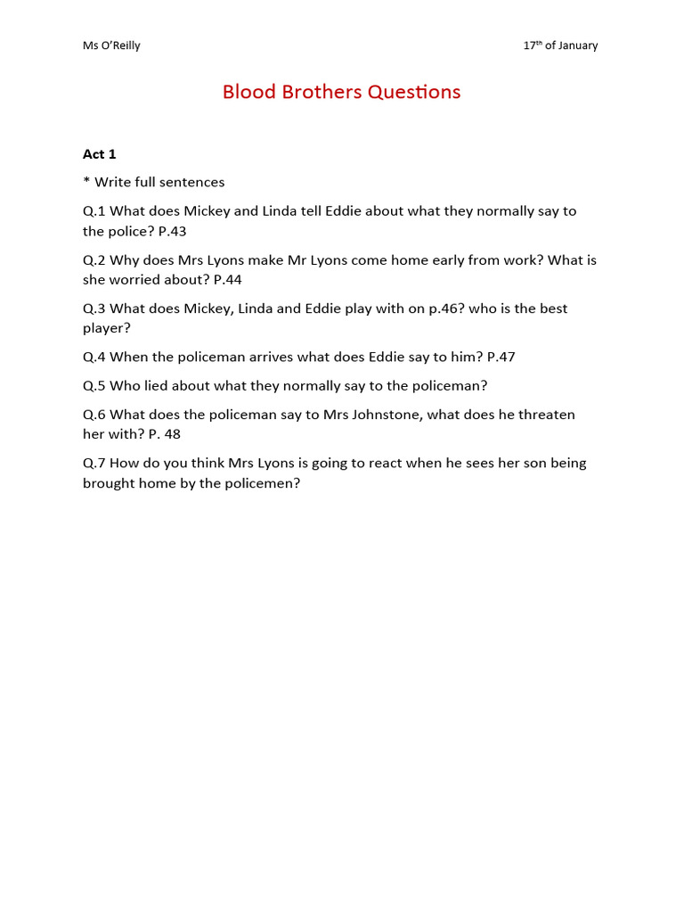 Blood Brothers Questions | PDF