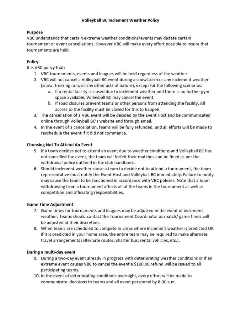 Volleyball BC Inclement Weather Policy | PDF