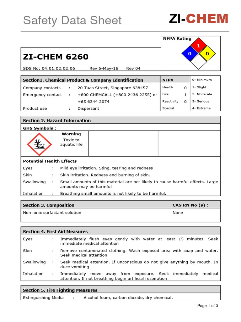 Zi-Chem 6260 SDS | PDF | Personal Protective Equipment | Hazards