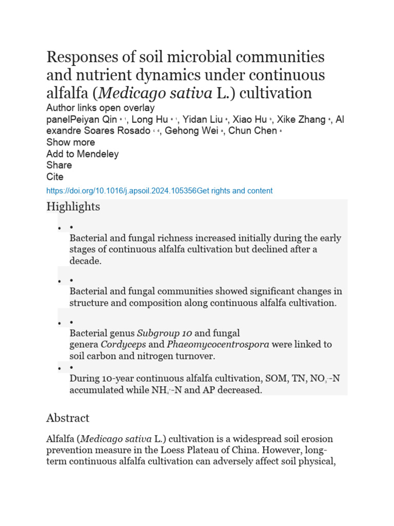 Responses of Soil Microbial Communities and Nutrient Dynamics Under Continuous Alfalfa (Medicago ...