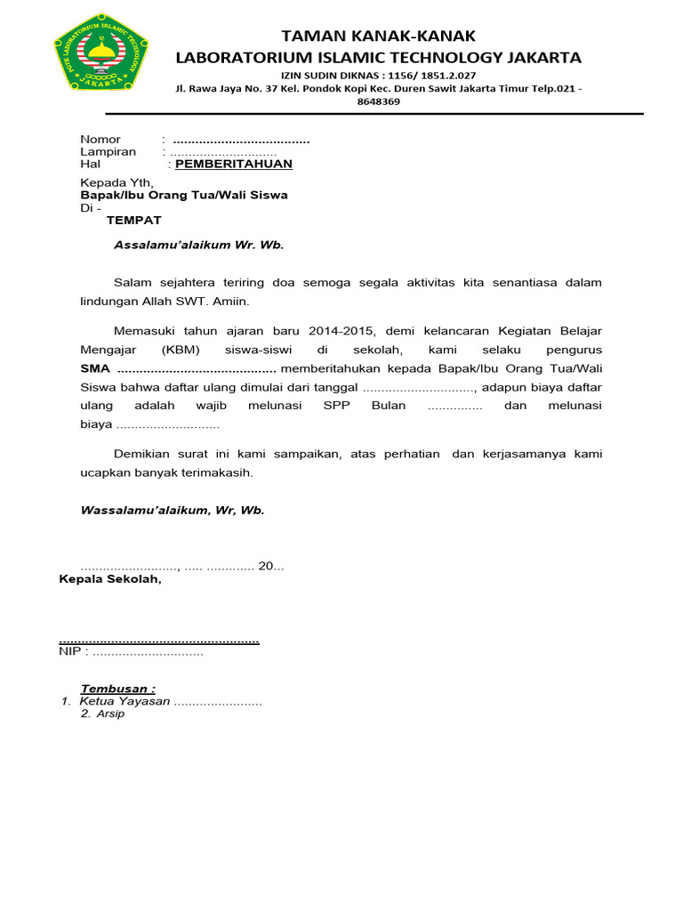 Surat Daftar Ulang TK | PDF