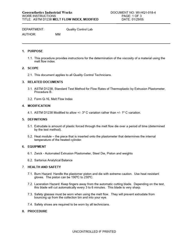 Giw Wi Hq1 018 Astm D1238 Melt Flow Index Pdf Extrusion Piston