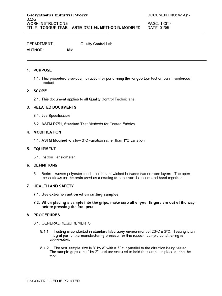 GIW WI-HQ1-022 - ASTM D751 Method B, Tongue Tear | PDF | Materials