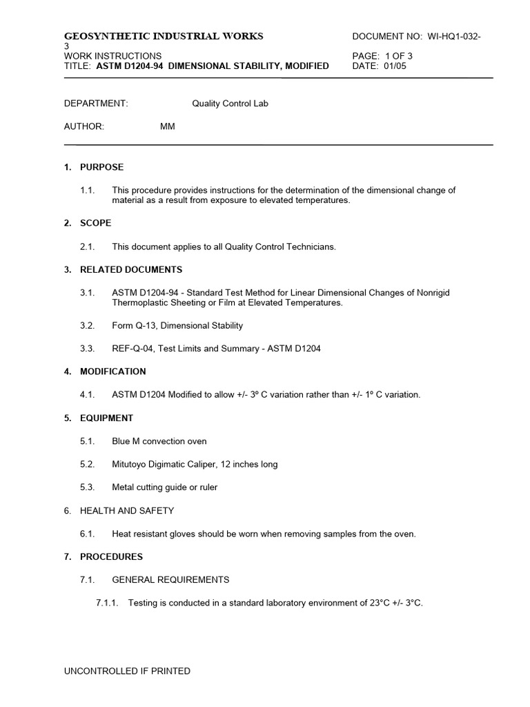 GIW WI-HQ1-032 - ASTM D1204 Dimensional Stability | PDF | Laboratories
