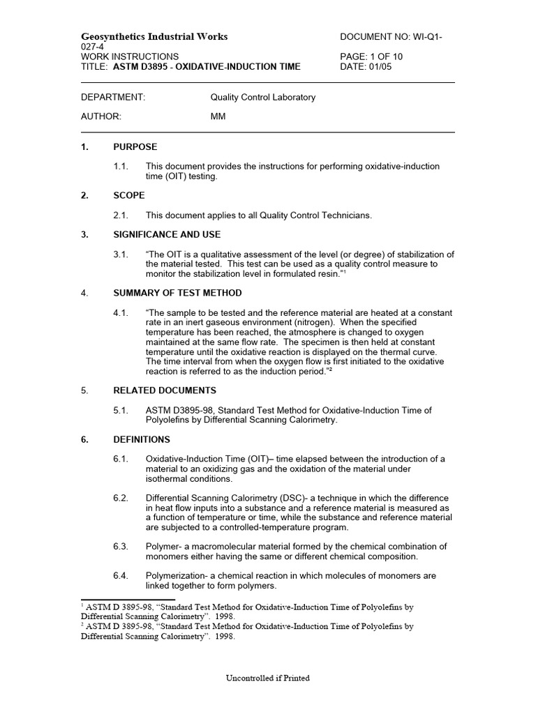 GIW WI-HQ1-027 - ASTM D3895 OIT Testing | PDF | Differential Scanning ...
