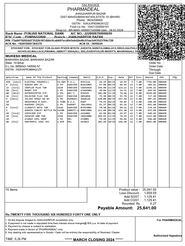 Pharmadeal: Mukesh Medical | PDF | Payments