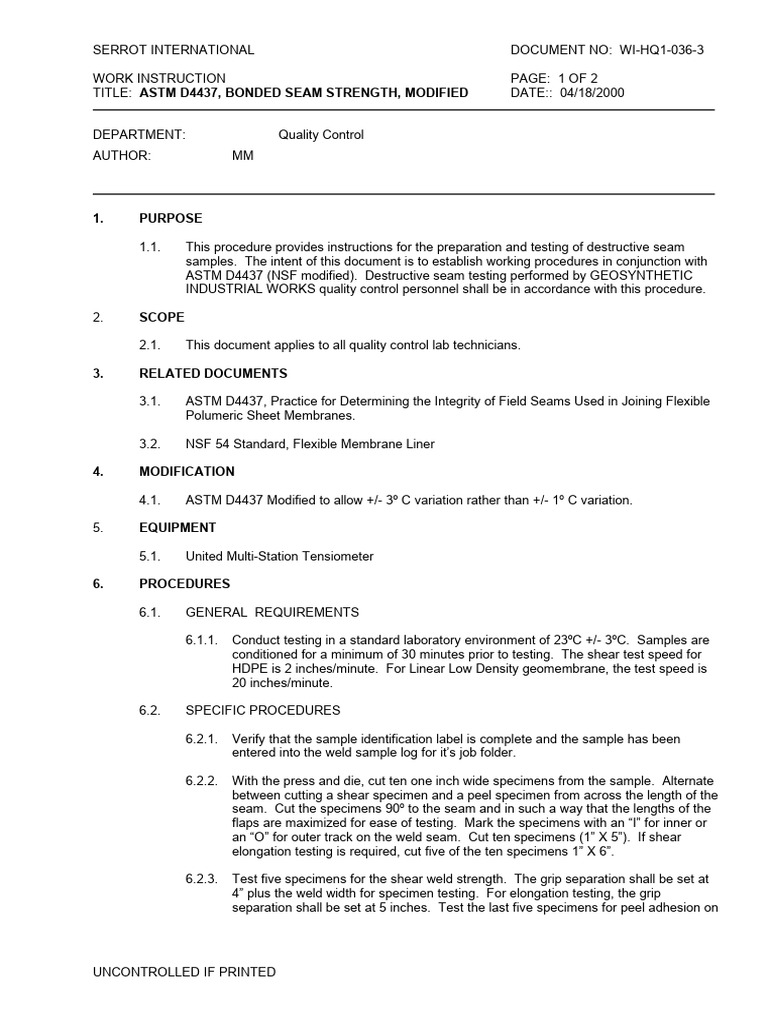 GIW WI-HQ1-036 - ASTM D4437 Bonded Seam Strength | PDF