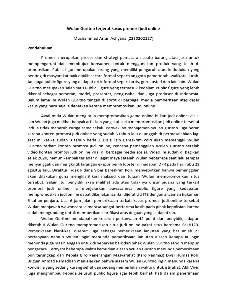 Kasus Wulan Guritno: Promosi Judi Online | PDF