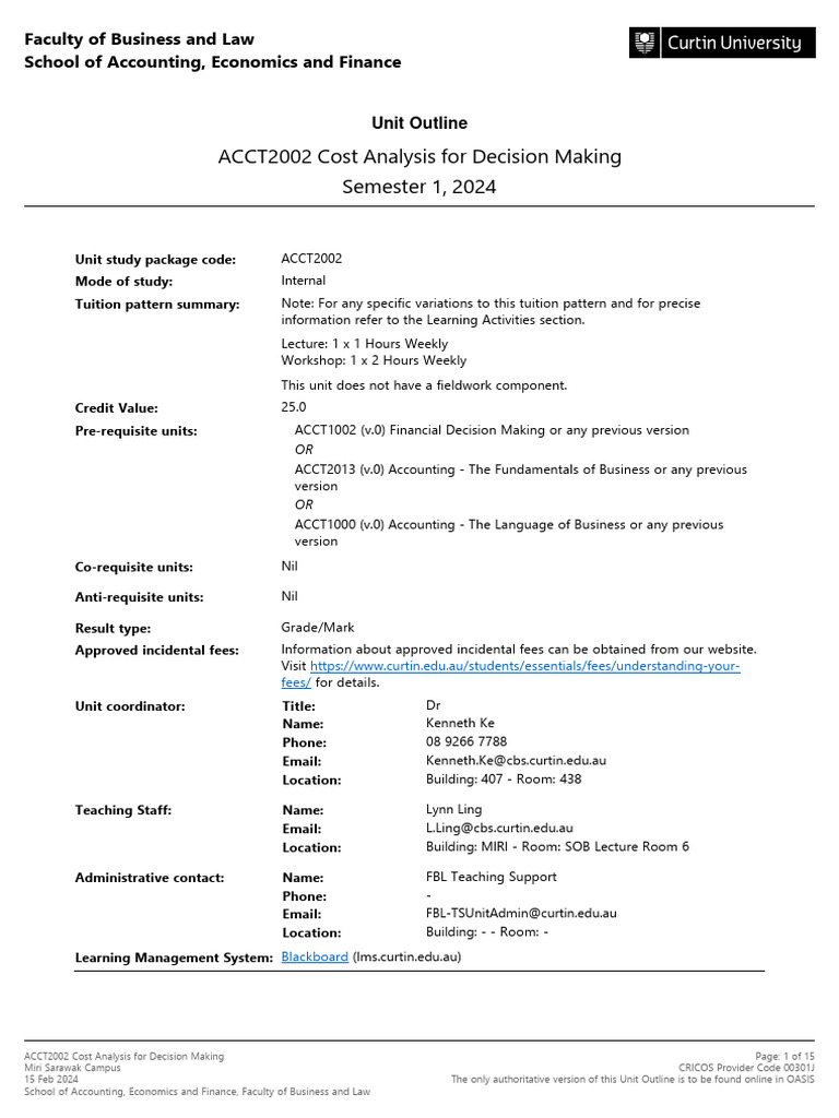 ACCT2002 Cost Analysis For Decision Making Semester 1 2024 Miri Sarawak Campus INT | PDF ...