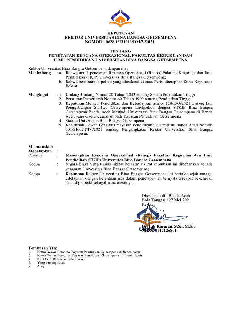 SK Penetapan Rencana Operasional (Renop) Fkip | PDF