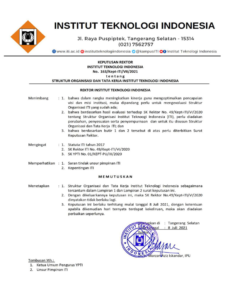 163 SK Struktur Organisasi Dan Tata Kerja Institut Teknologi Indonesia 1 | PDF