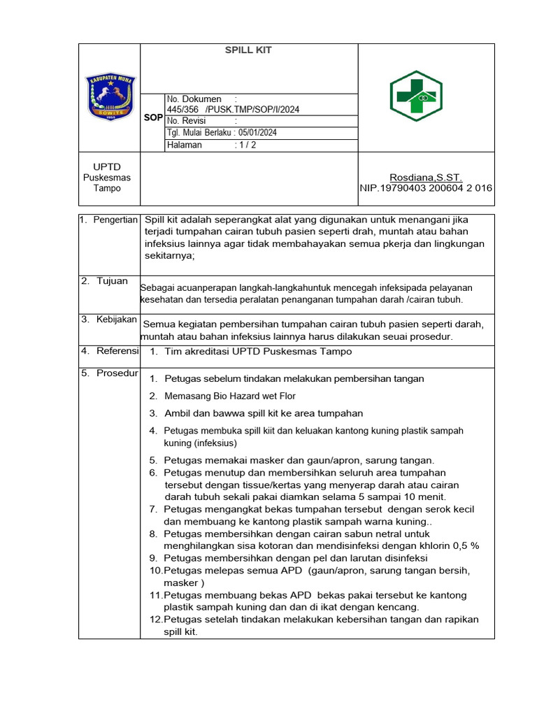 Prosedur Spill Kit di Puskesmas Tampo | PDF