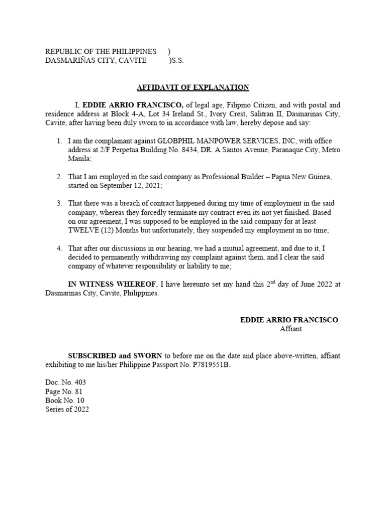 Affidavit of Explanation Francisco | PDF