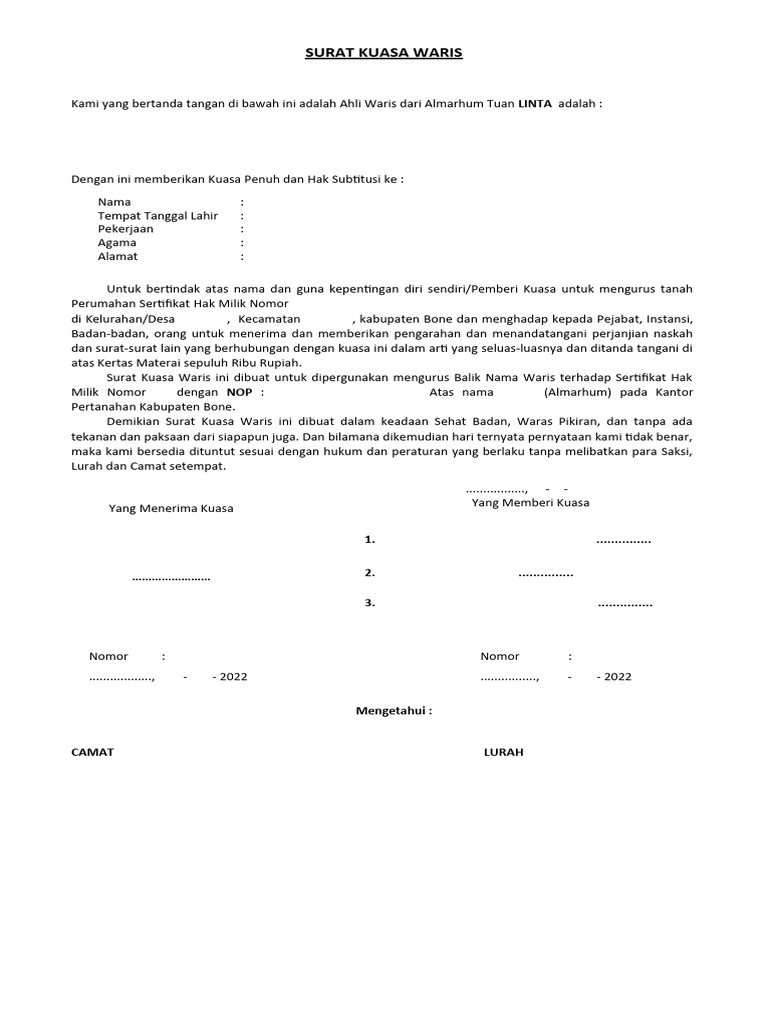 Contoh Surat Kuasa Waris | PDF
