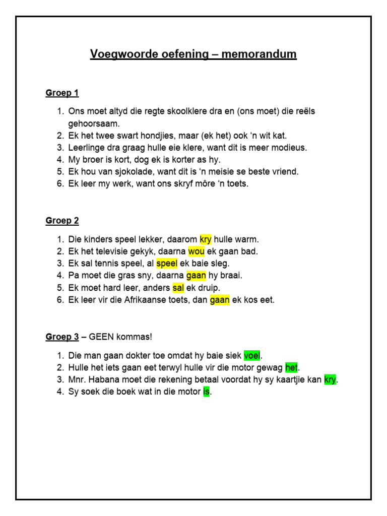 Voegwoorde Oefening - MEMO | PDF