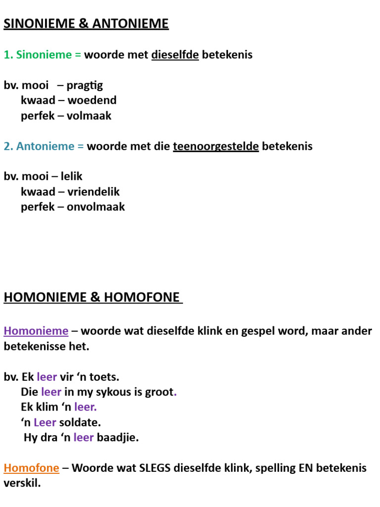 Sinonieme, Antonieme, Homonieme en Homofone (Eufemisme&Voorsetsels) | PDF