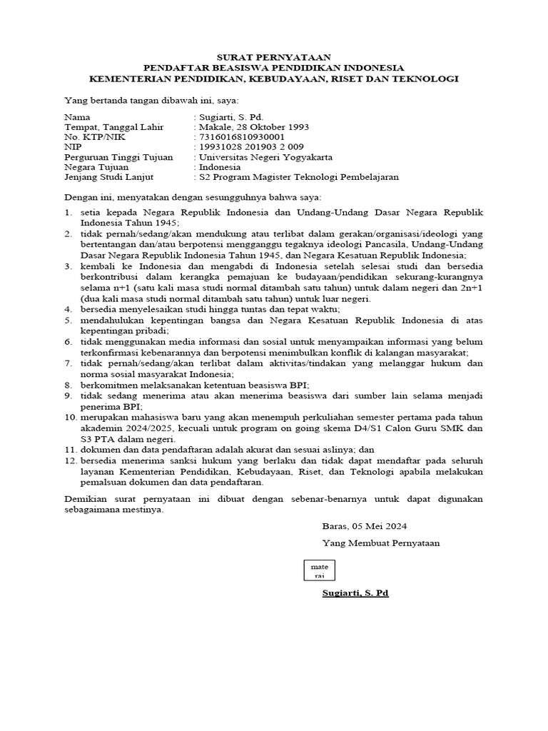 (SG) Surat Pernyataan Bpi | PDF | Ilmu Sosial
