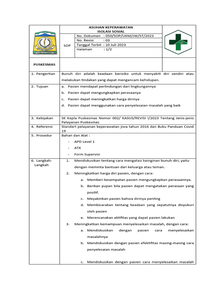 SOP Askep ISOLASI SOSIAL 2 HAL | PDF | Pengembangan Diri | Kesehatan Holistik