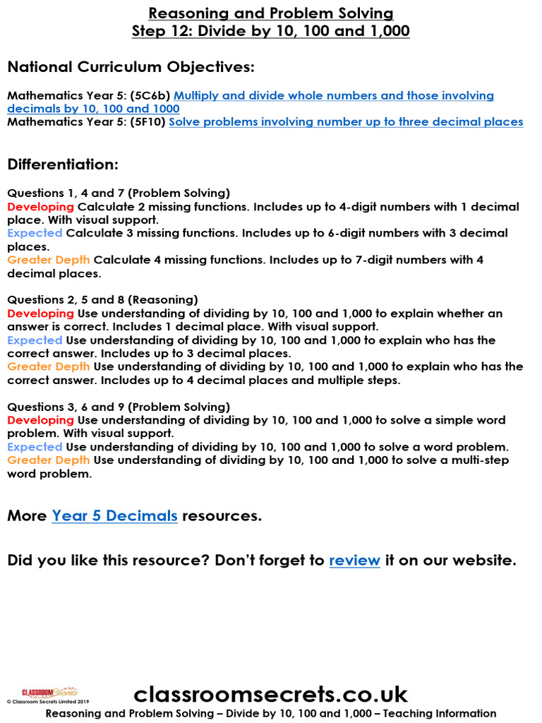 Divide by 10 100 and 1000 Reasoning and Problem Solving.205447290 | PDF ...