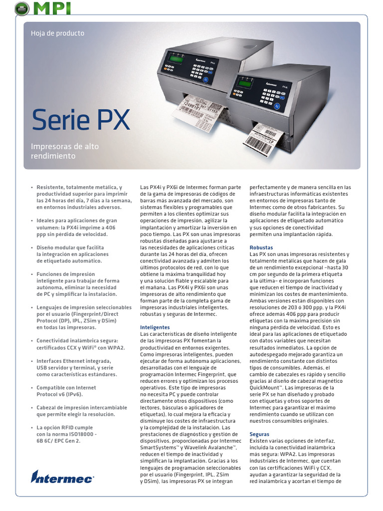 Catalogo Impresora Intermec Px6i Es | PDF | Impresora (Computación) | USB