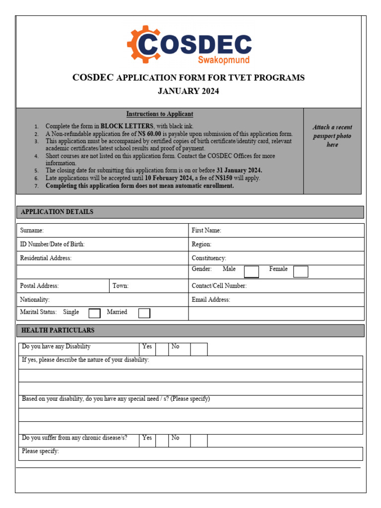 COSDEC Application Form 2023 Swakopmund | PDF | Identity Document