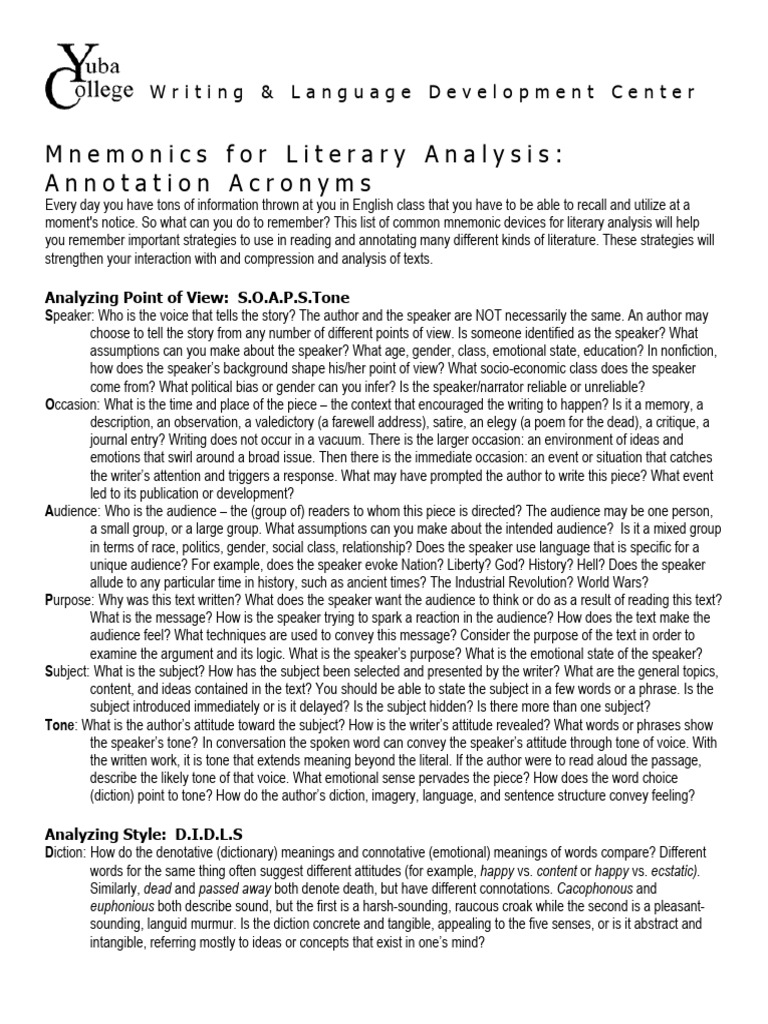 Mnemonics Lit Analysis Accessible April 2019 | PDF | Narration | Rhetoric