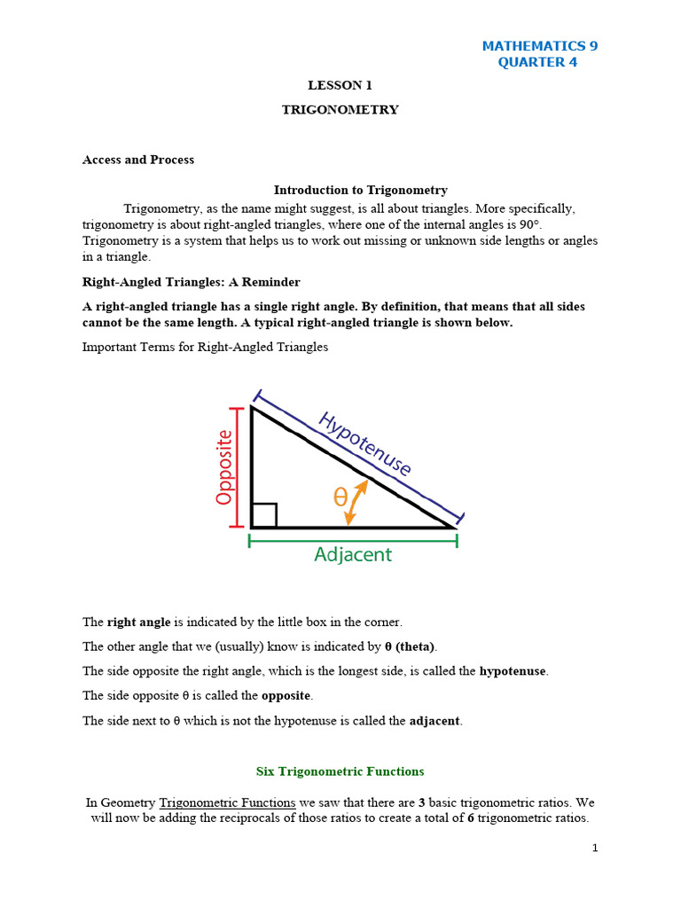 Trigonometry Basics for Grade 9 | PDF | Trigonometric Functions | Trigonometry