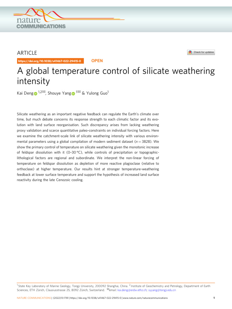 A Global Temperature Control of Silicate Weathering Intensity | PDF ...