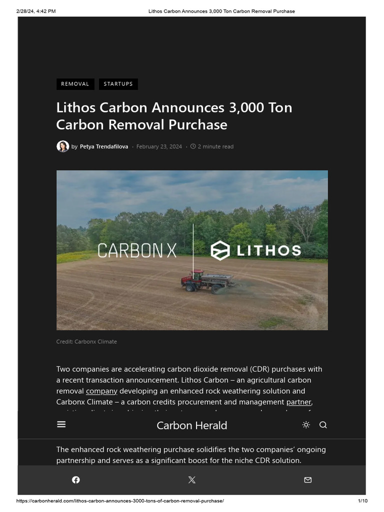Lithos Carbon Announces 3,000 Ton Carbon Removal Purchase | PDF | Environmental Impact | Climate ...