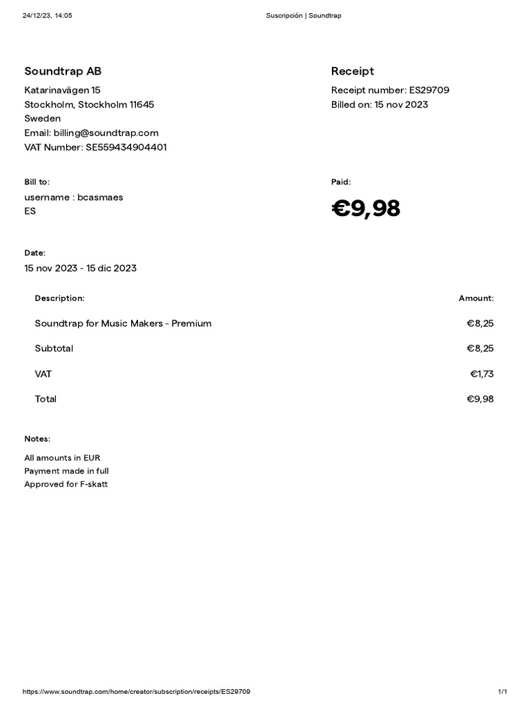 Soundtrap Premium Subscription Receipt | PDF