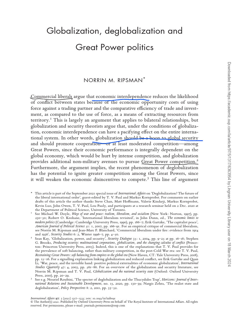 Ripsman, Norrin M. 2021. "Globalization, Deglobalization and Great ...