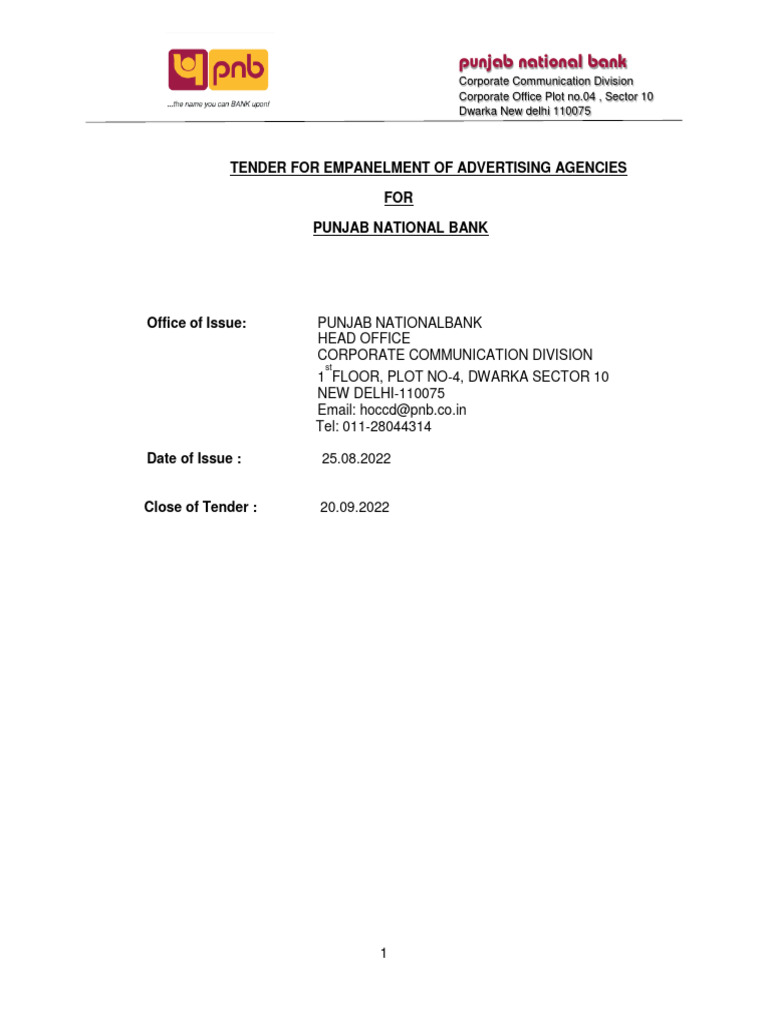 PNB Advertising Agency Empanelment Tender | PDF | Brand | Banks