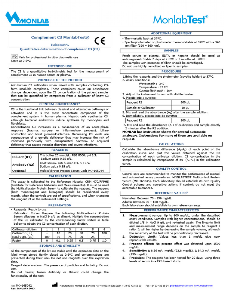 IFU C3 Monlabtest English | PDF | Complement System | Spectrophotometry