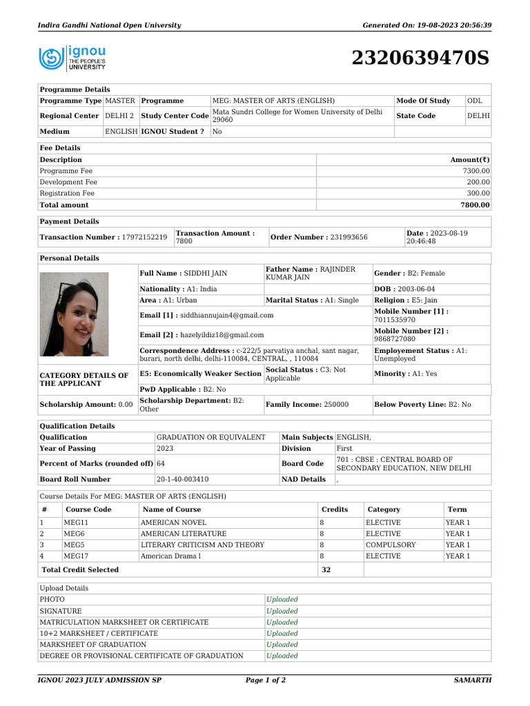 Siddhi Jain IGNOU Application Form | PDF
