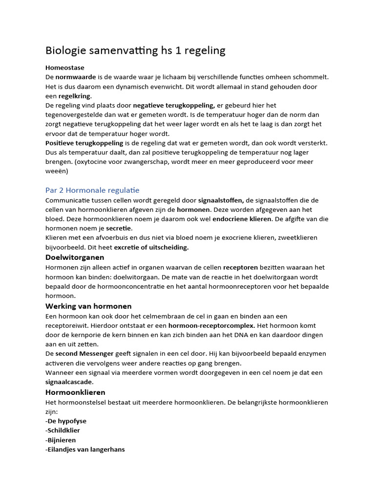 Biologie Hst. 1 Regeling Samenvatting | PDF