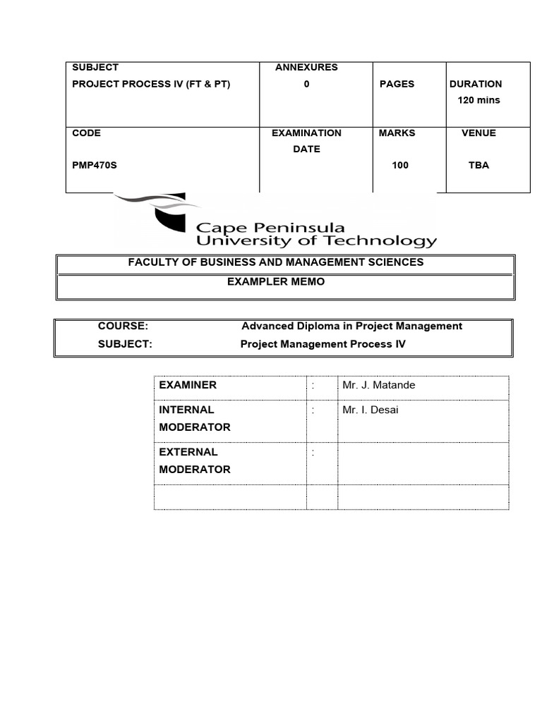 2024 PMP470S - Exampler - Memo | PDF | Project Management | Consultant