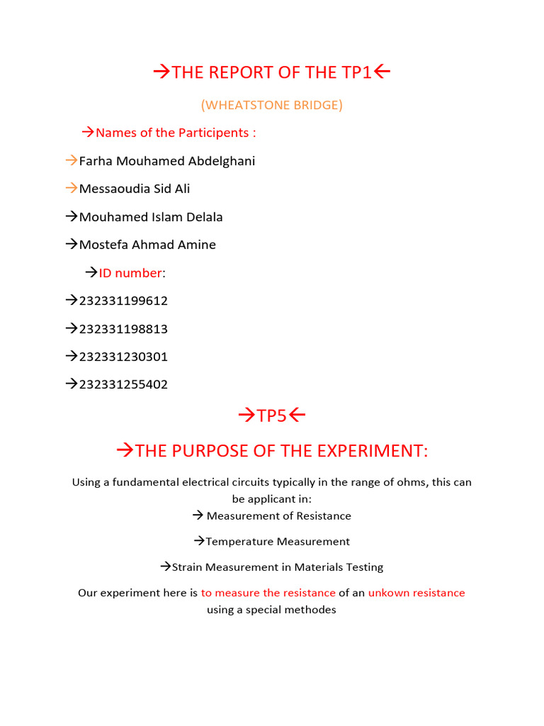 The Report of The Tp1 : (Wheatstone Bridge) | PDF | Resistor | Electrical Resistance And Conductance