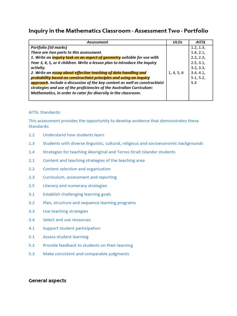Inquiry in The Mathematics Classroom Assessment 2 Guidelines and Rubric ...