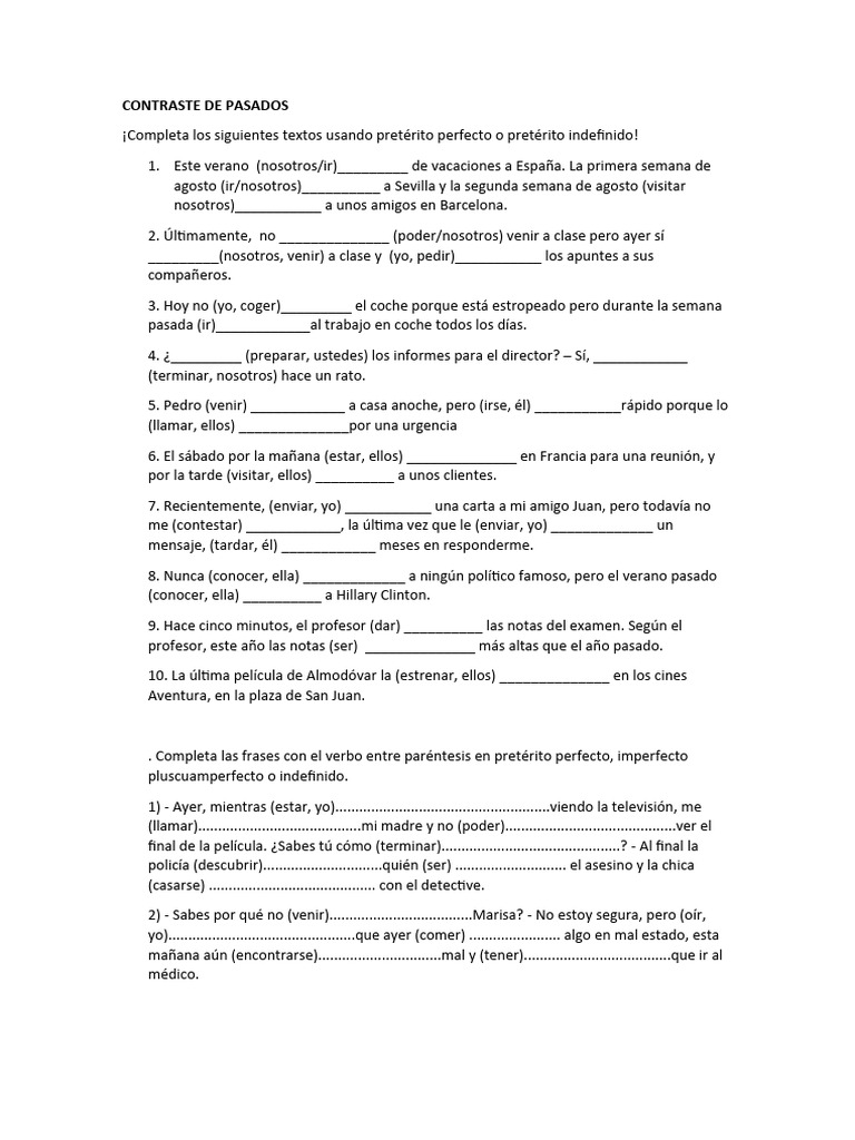 Contraste de Pasados (Indefinido, Perfecto, Imperfecto y ...