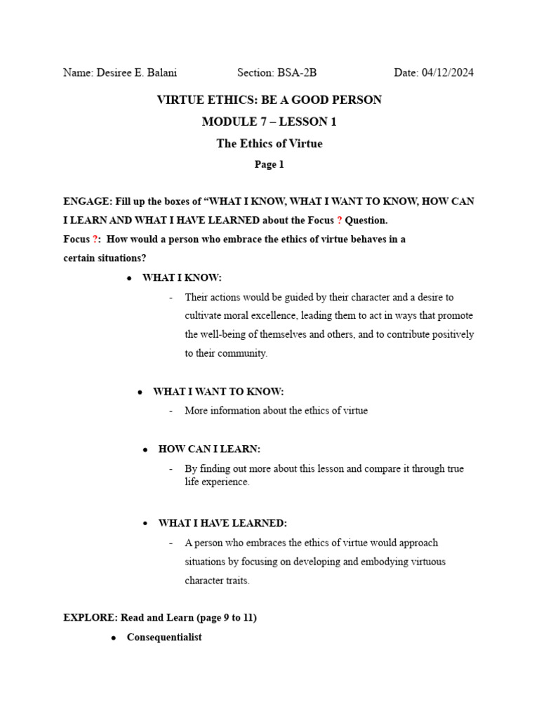 BALANI Module 7 Lesson 1 | PDF | Morality | Virtue