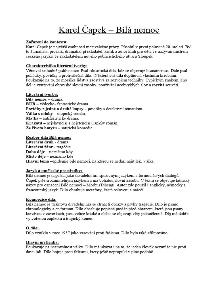 Karel Čapek Bílá Nemoc | PDF