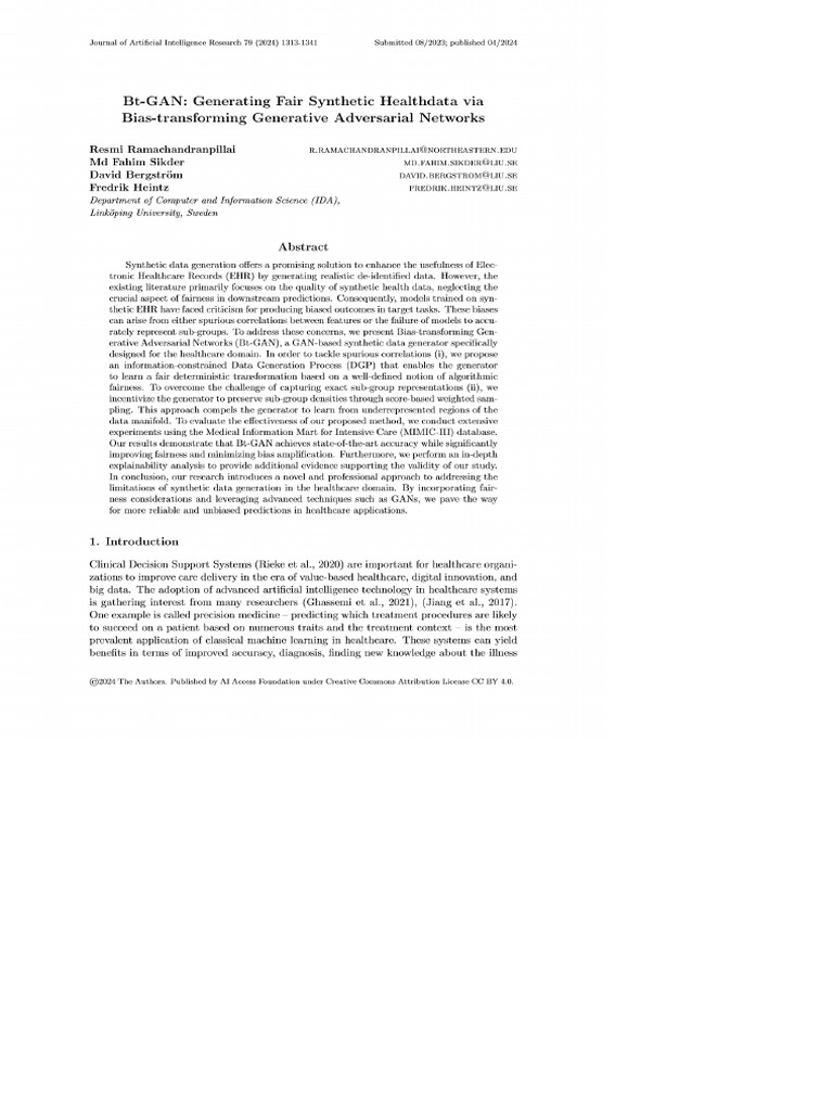Generating Fair Synthetic Healthdata viaBias-transforming Generative Adversarial Networks | PDF