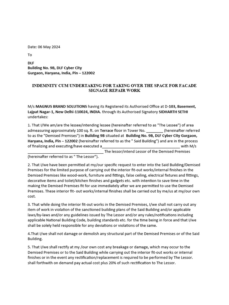 Indemnity Bond For Signage With DLF | PDF | Lease | Leasehold Estate