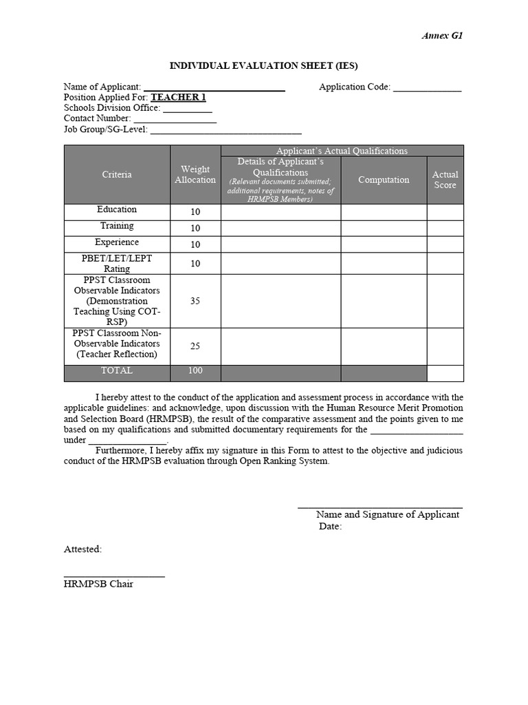 Individual Evaluation Sheet | PDF