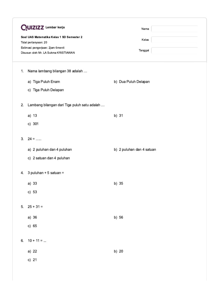 Soal UAS Matematika Kelas 1 SD Semester 2 _ Quizizz | PDF