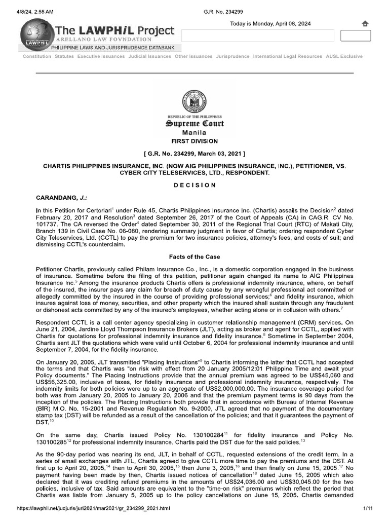 Chartis Phil Insurance V Cyber City Teleservices | PDF